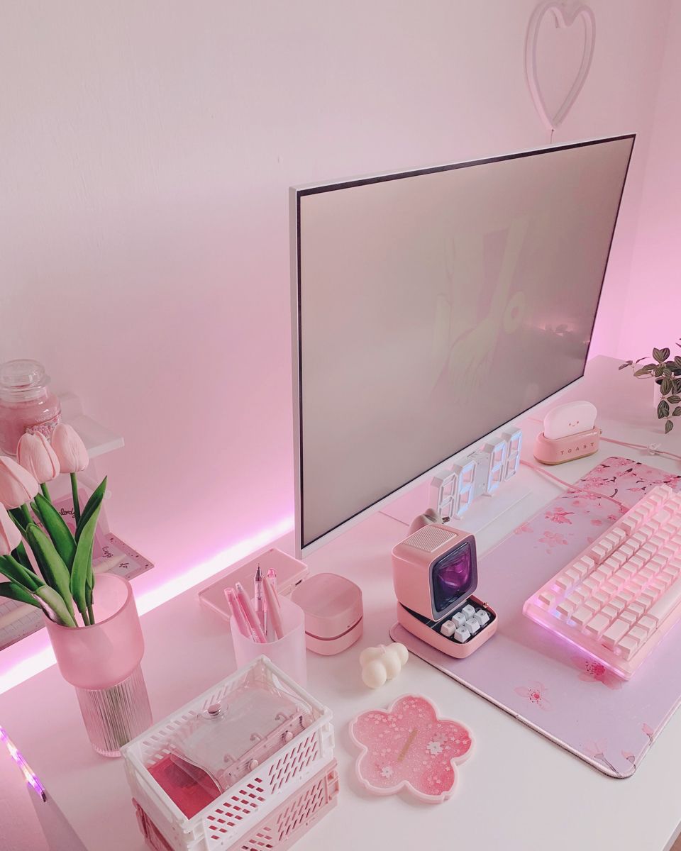 Pink Cherry Blossom Gaming Desk Setup – Her Space